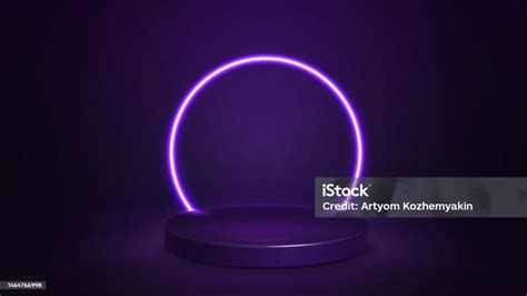 배경에 라인 네온 링이 있는 빈 보라색 연단 3d 렌더링 보라색 네온 프레임이 있는 추상적인 장면이 있는 그림 3차원 형태에 대한 스톡 벡터 아트 및 기타 이미지 Istock