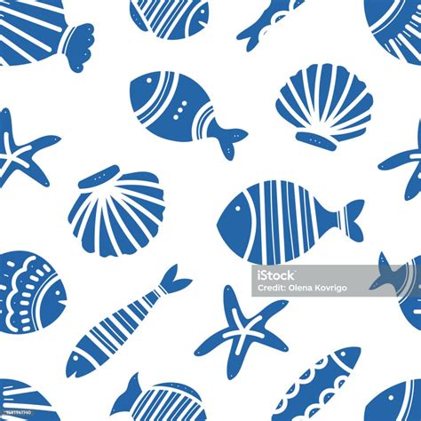 장식용 물고기의 원활한 패턴입니다 바둑판식 물고기 패턴입니다 물고기와 바다 요소의 손으로 그린 해양 삽화 여름 바다 해변 스타일 개체 그룹에 대한 스톡 벡터 아트 및 기타