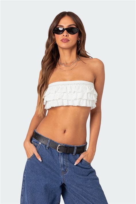 Edikted Nia Ruffled Eyelet Bandeau Top Pacsun Bandeau Top Ruffle