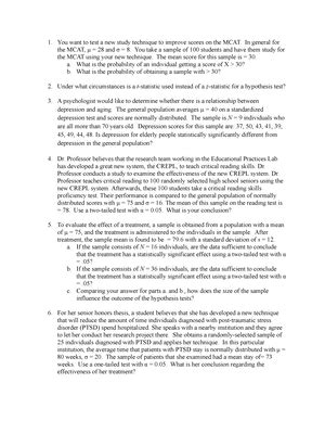 Z And T Statistics Practice Key You Want To Test A New Study Technique To Improve Scores On