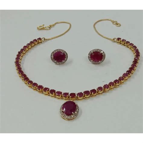 Party Wear Golden Base Ruby Stone Necklace Set Size 12 Inch At Best