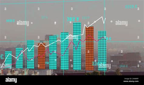 image of statistical data processing over grid network against aerial view of cityscape stock