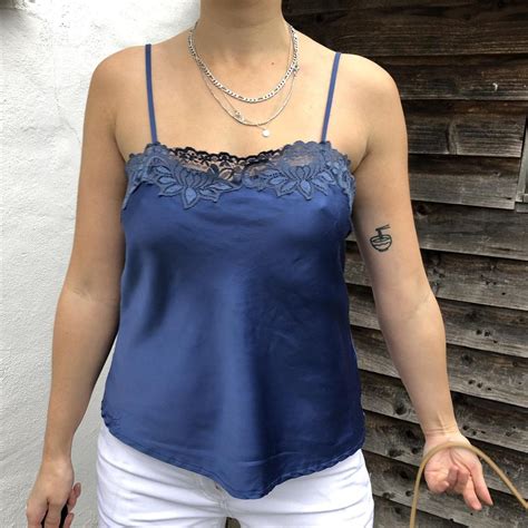 Vintage Blue Silk Cami Top Floral Lace Detail Along Depop