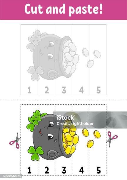 학습 번호 15 잘라 내고 접착제 만화 캐릭터 워크시트를 개발하는 교육 아이들을위한 게임 활동 페이지입니다 색상 격리 된 벡터