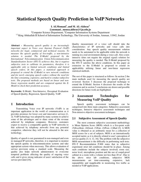 Pdf Statistical Speech Quality Prediction In Voip Networks