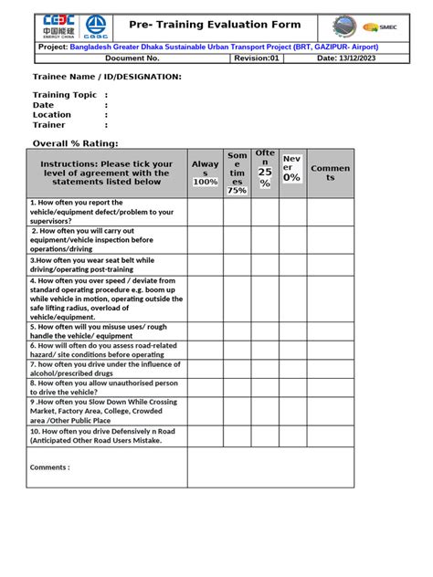 Driver Pre Training Evaluation Form Driver Pdf