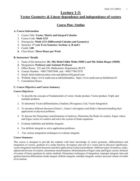 Vector Matrix Integral Calculus Course Plan