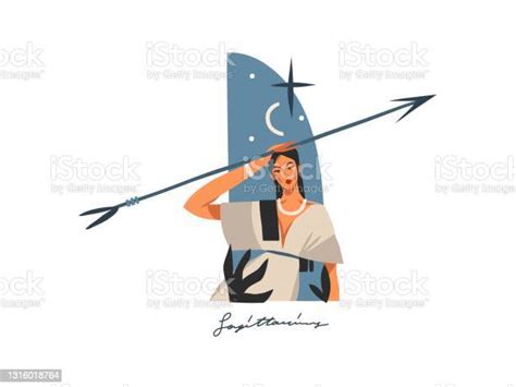 손으로 그린 벡터 스톡 추상적 인 평면 그래픽 일러스트와 조디악 점성술 사인 궁수와 아름다움 마법 여성 컬렉션 흰색 배경에 고립 된 만화 예술 디자인 일러스트레이션에 대한