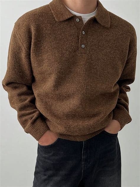 Mens Autumn Casual Solid Color Brown Sweater Sweater Outfits Men