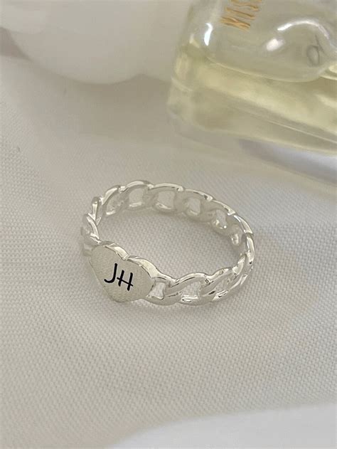 실버 하트 이니셜 각인 체인 반지