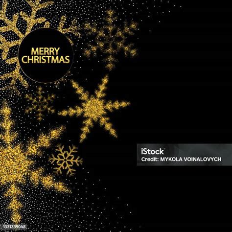 빛나는 황금 눈송이와 눈크리스마스 배경 검은 배경에 메리 크리스마스 카드 그림 반짝이는 질감의 반짝이는 황금 눈송이 검은색에 대한 스톡 벡터 아트 및 기타 이미지 Istock