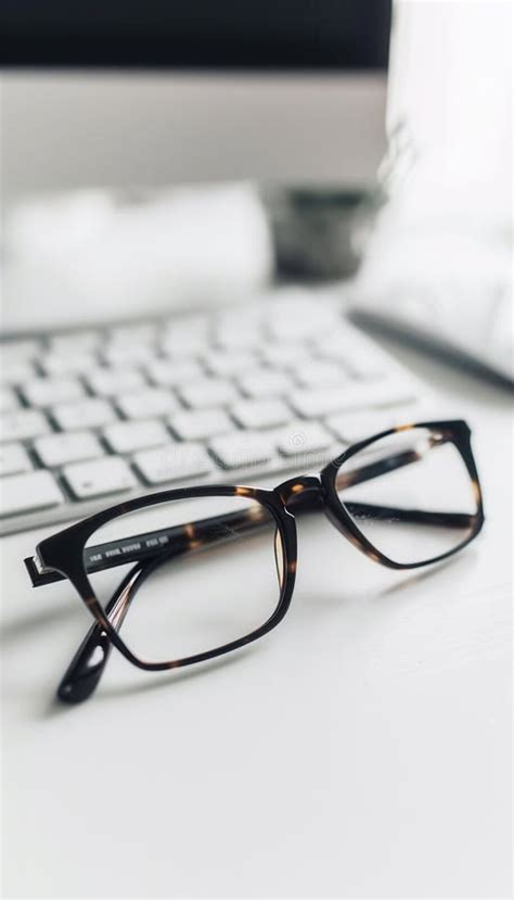 A Pair Of Modern Eyeglasses Rests On A White Desk Near A Computer Keyboard Generative Ai Stock