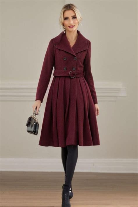 Burgundy Wool Coat Midi Wool Coat Belted Wool Coat Winter Coat Women