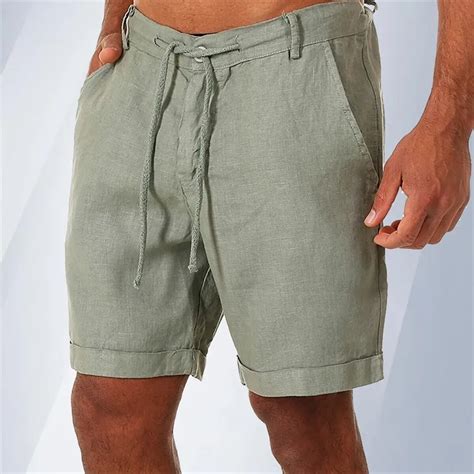 Mens Linen Cargo Shorts Set Summer Cotton Blend Beach Shorts Loose