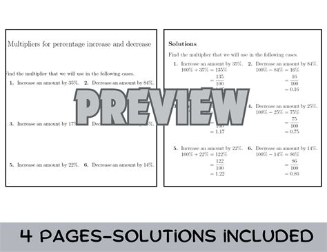 Multipliers For Percentage Increase And Decrease Worksheet With