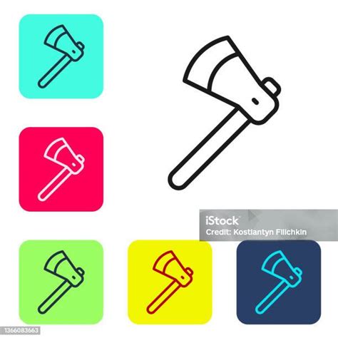 흰색 배경에 격리 된 검은 줄 나무 도끼 아이콘 목재 잭 도끼 색상 정사각형 단추로 아이콘을 설정합니다 벡터 강철에 대한 스톡