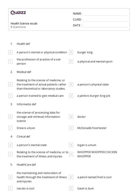 50 Health Science Worksheets For 8th Grade On Quizizz Free And Printable