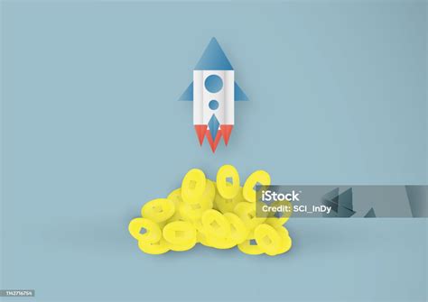 종이 절단 공예 및 종이 접기 스타일에서 시작 개념 벡터 일러스트 레이 션 로켓은 파란 하늘을 날고 있다 웹 배너 포스터 표지