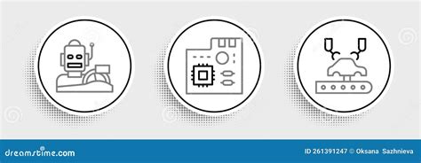 Set Line Robotic Robot Arm On Factory Humanoid Driving Car And Motherboard Digital Chip Icon