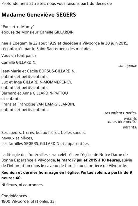 Avis De Décès De Geneviève Segers Décédé Le 30 06 2015 à Vilvoorde Annonce Condoléances
