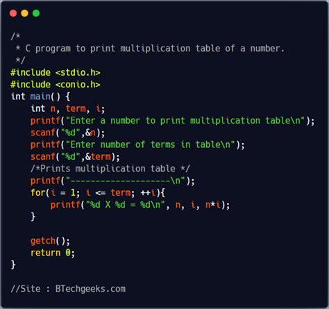 c code for multiplication table