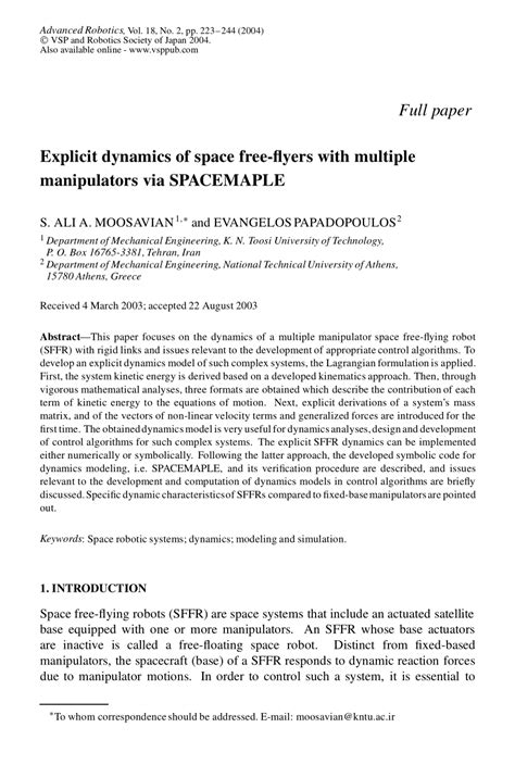 Pdf Explicit Dynamics Of Space Free Flyers With Multiple Manipulators Via Spacemaple
