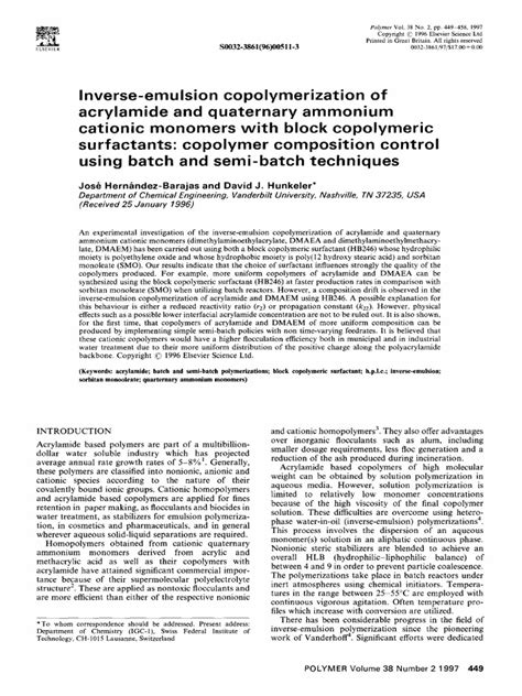 Inverse Emulsion Copolymerization Of Acrylamide And Quaternary Ammonium Cationic Pdf