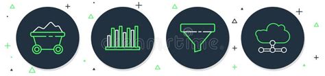 Set Line Pie Chart Infographic Sales Funnel Coal Mine Trolley And Network Cloud Connection