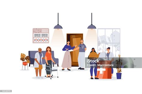 웹을 위한 캐릭터 장면이 있는 의료 클리닉 개념 상담을 받거나 재활을 받기 위해 의사를 방문하는 환자 플랫 디자인의 사람들 상황 마케팅 자료에 대한 벡터 그림입니다 간호사에