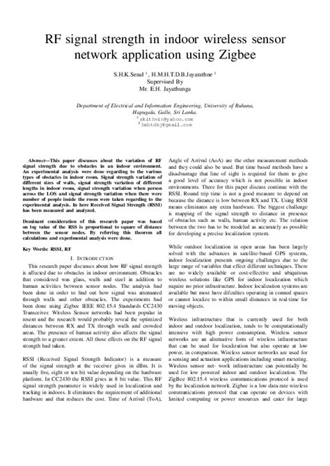 Rf Signal Strength In Indoor Wireless Sensor Network Application Using