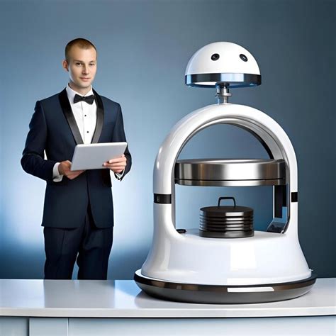 A Futuristic Hotel Concierge Robot Stands Alongside A Human Concierge In A Tuxedo Illustrating
