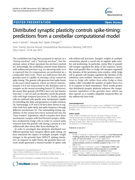 Pdf Distributed Synaptic Plasticity Controls Spike Timing Predictions From A Cerebellar