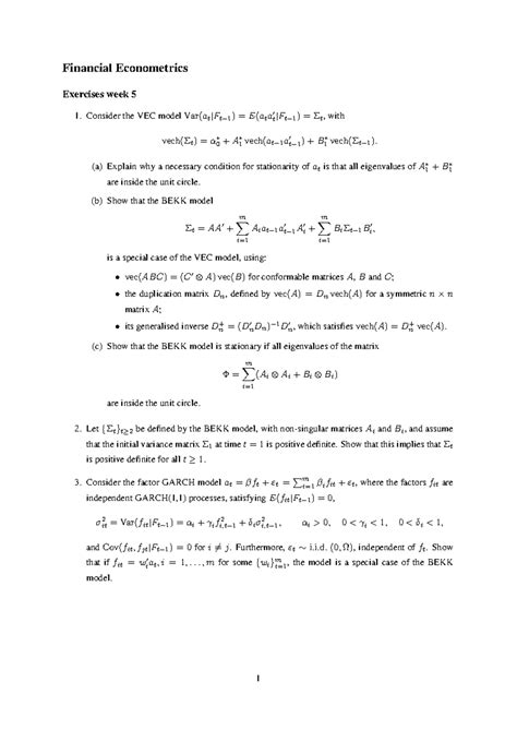 Exercises Week 5 Financial Econometrics Exercises Week 5 Consider The Vec Model Varatft− 1