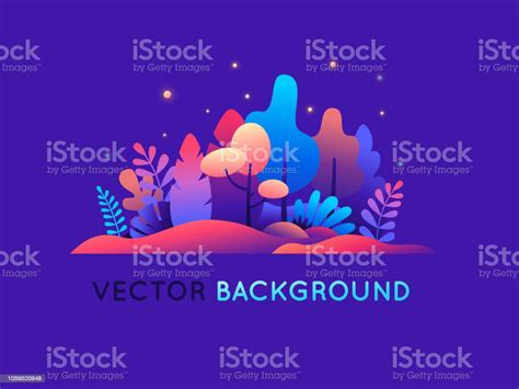 최신 유행 플랫 스타일과 밝은 활기찬 그라데이션 색상텍스트 복사 공간 배경식물 잎 나무와 하늘에서 벡터 일러스트 레이 션 우림에 대한 스톡 벡터 아트 및 기타 이미지