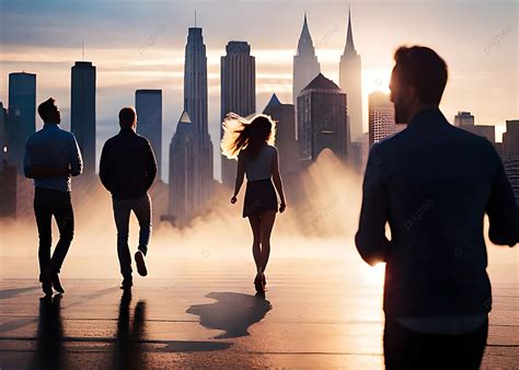 Evening Party People Silhouettes In New York City Shadows And Smoke Background People