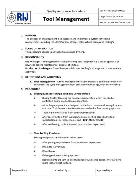 23 Tooling Management Procedure Pdf Production And Manufacturing