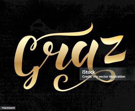손으로 그린 골드 레터링 텍스트 그라츠 검정색 배경입니다 오스트리아의 도시 현대 서 예 벡터 일러스트입니다 기호 블로거 여행 지도 카탈로그 웹 사이트 포스터 블로그 깃발 및