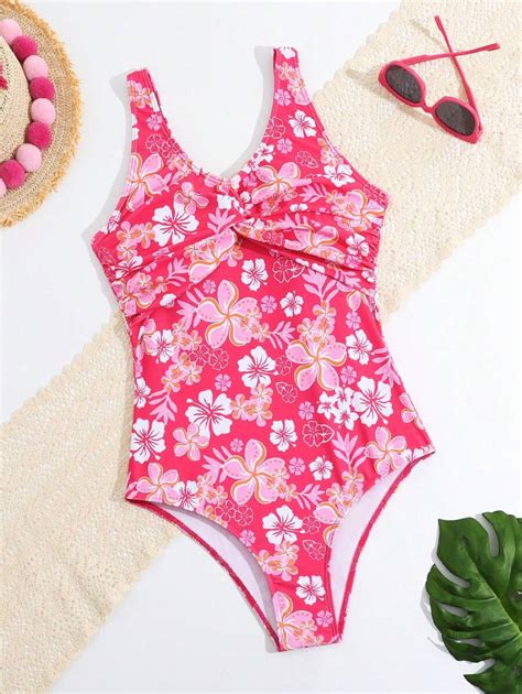 Traje De Baño De Una Pieza Para Adolescentes Con Estampado Aleatorio Y