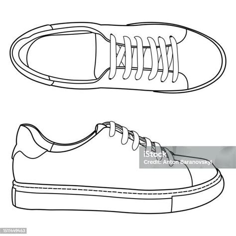 손으로 그린 운동화 운동화 평면도 다양한 보기의 이미지 전면 후면 상단 측면 밑창 및 3d 보기 낙서 벡터 그림입니다 스포츠