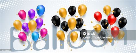 하프톤 배경 축제 분위기에 여러 색상 으로 설정 된 3개의 풍선 그룹 블랙 프라이데이 세일 광고 포스터 배너 판매 웹 전단지 카드 등 3차원 형태에 대한 스톡 벡터 아트 및