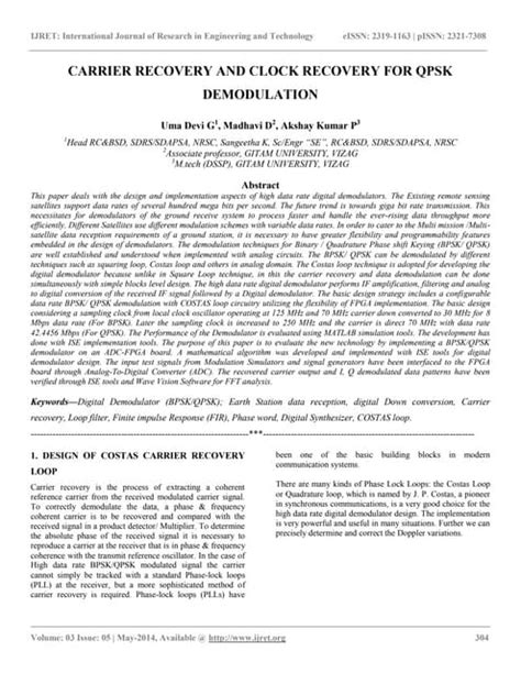 Carrier Recovery And Clock Recovery For Qpsk Demodulation Pdf