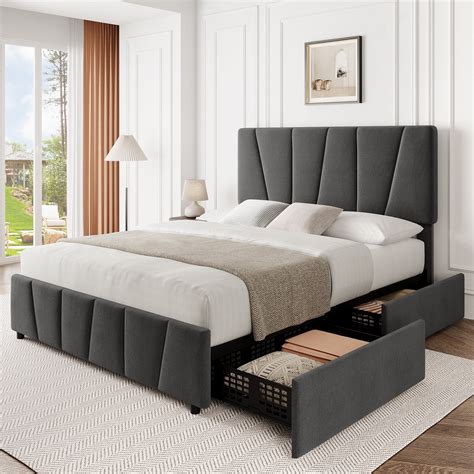 Garvee King Bed Frame With Adjustable Headboard And 4 Storage Drawers