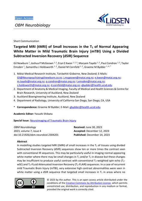 Pdf Targeted Mri Tmri Of Small Increases In The T1 Of Normal Appearing White Matter In Mild