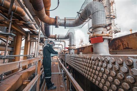 강철 긴 파이프 및 파이프 팔꿈치에서 남성 노동자 검사 정유 공장 핀 팬 동안 정제 공장 브의 시각 검사 기록 파이프 라인 열 교환기 프리미엄 사진