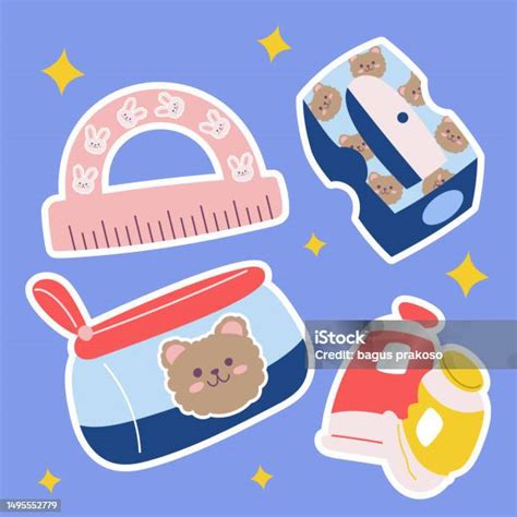 학교 문구 카와이 스티커 세트 손으로 그린 사무용품 만화 낙서 유성 페인트 필통 통치자 셰이프너 귀여운 아이 그래픽 프린트 유치원을 번들로 묶습니다 아이들은 배우고 교사