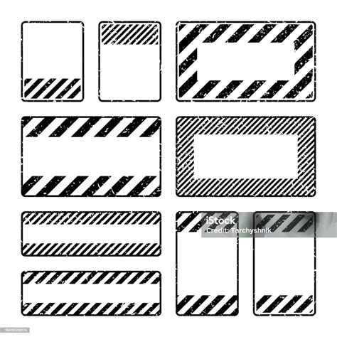 대각선이 있는 다양한 검은색 그런지 경고 표지판 오래된 주의 위험 또는 주의 표지판 건설 현장 표지판 현실적인 통지 간판 경고 배너 도로 방패 벡터 그림 0명에 대한 스톡