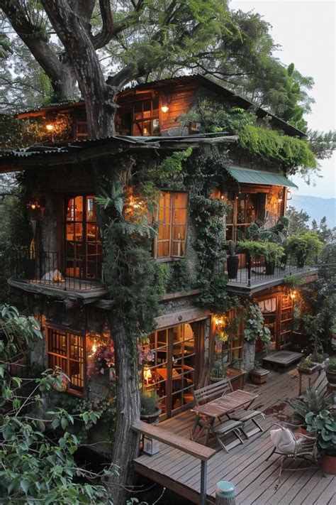 Vine Covered Treehouse In Treehouse Living Tree House Tree House Designs