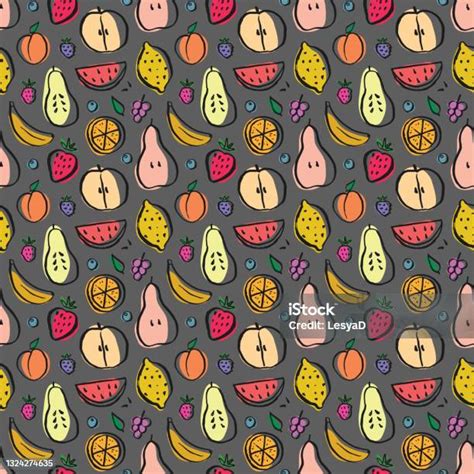 과일 원활한 패턴 육즙 과일 사과 배 딸기 오렌지 슬라이스 복숭아 매실 바나나 수박 파파야 포도 레몬과 딸기 배경 벡터 일러스트레이션 0명에 대한 스톡 벡터 아트 및 기타