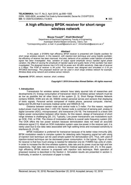 A High Efficiency Bpsk Receiver For Short Range Wireless Network Pdf