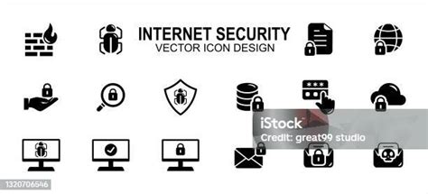 인터넷 보안 및 안전 관련 벡터 아이콘 사용자 인터페이스 그래픽 디자인 화재 벽 버그 문서 잠금 디스크 클라우드 웹 스크린 메일 사기 악성 코드 바이러스 암호와 같은